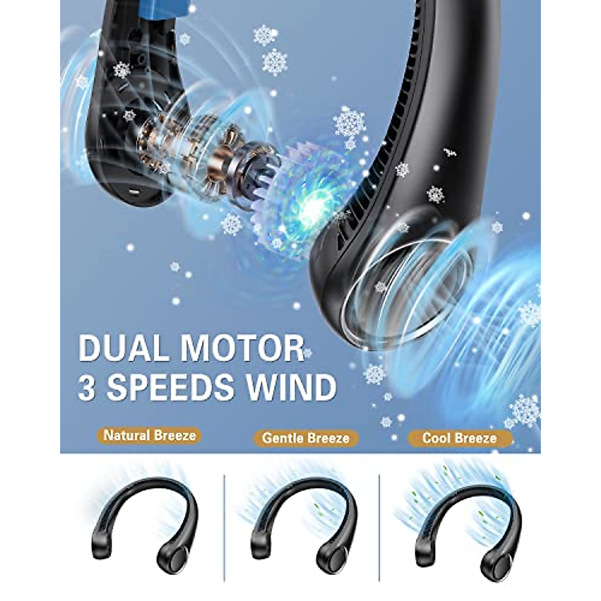 UMEIJA Neck Fan Portable Fan Personal Neck Fan USB-C Hands Free Bladeless Fan with 5000 mAh Rechargeable Battery 3 Speeds Quiet Wearable Cooling Hanging Neck Fan for Home Office Sports Travel (Black)