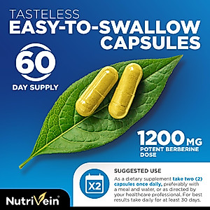 Nutrivein Premium Berberine HCL 1200mg Plus Organic Ceylon Cinnamon - 120 Capsules - Supports Immune System, Weight Management - Berberine HCI Supplement