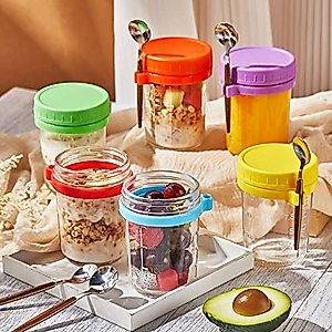 Sumind 6 Pack Overnight Oats Containers with Lids and Spoons 10 oz Large Capacity Airtight Oatmeal Container Glass Mason Overnight Oats Jars Reusable Container for Cereal Yogurt and Parfait