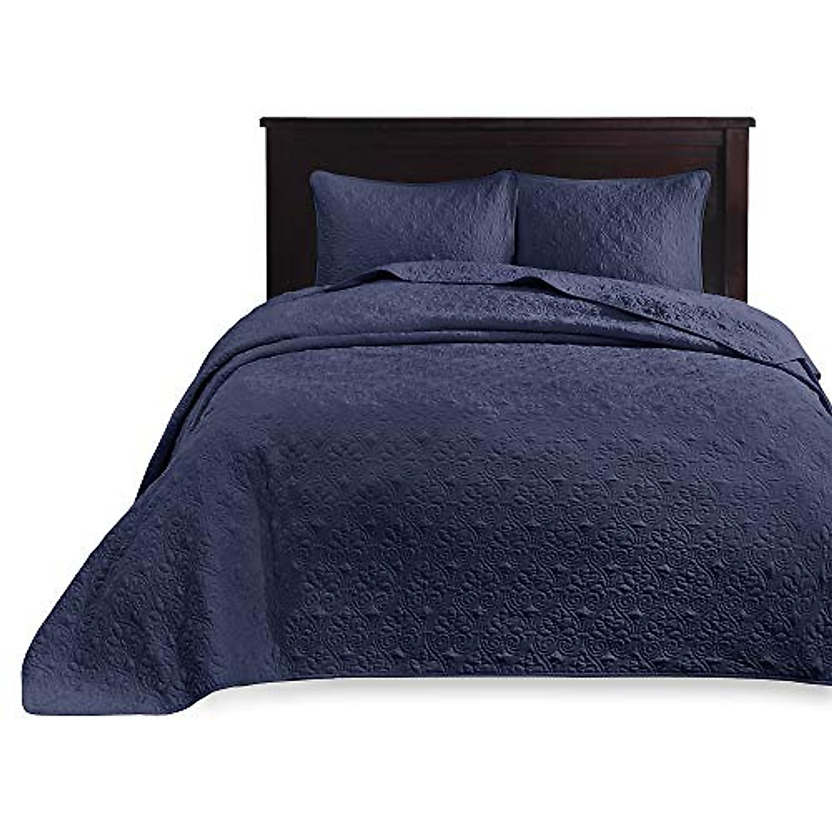 Madison Park Quebec Reversible Quilt Set Damask Design, Double Sided Stitching All Season, Lightweight Bedspread Bedding Set, Matching Sham, Navy, King(120"x118") 3 Piece