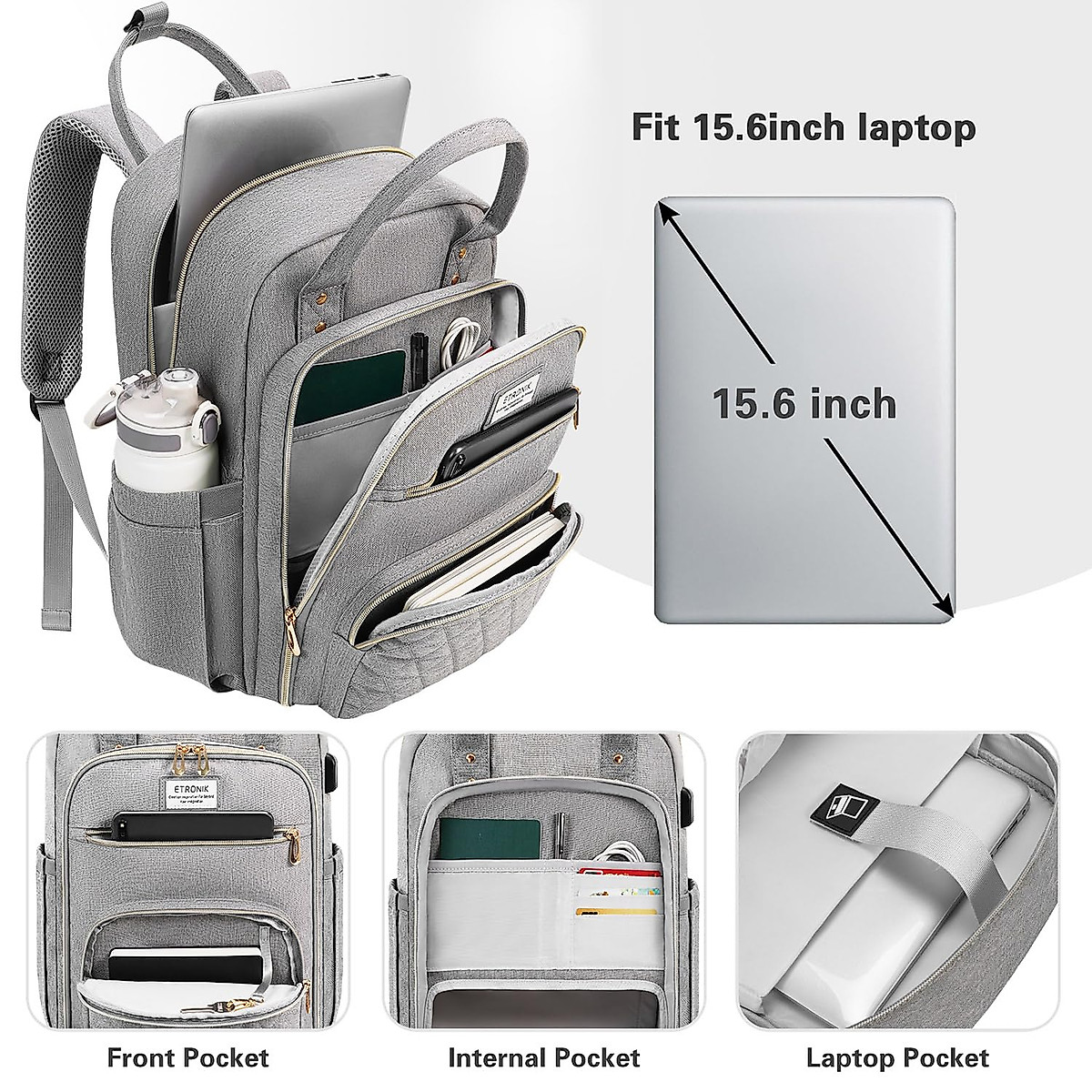 ETRONIK Lunch Backpack for Women, 15.6 inch Laptop Backpack with USB Port, Teacher Nurse Work Backpack with Insulated Cooler Lunch Bag, Travel Bags for Women & Men, Gift, Grey