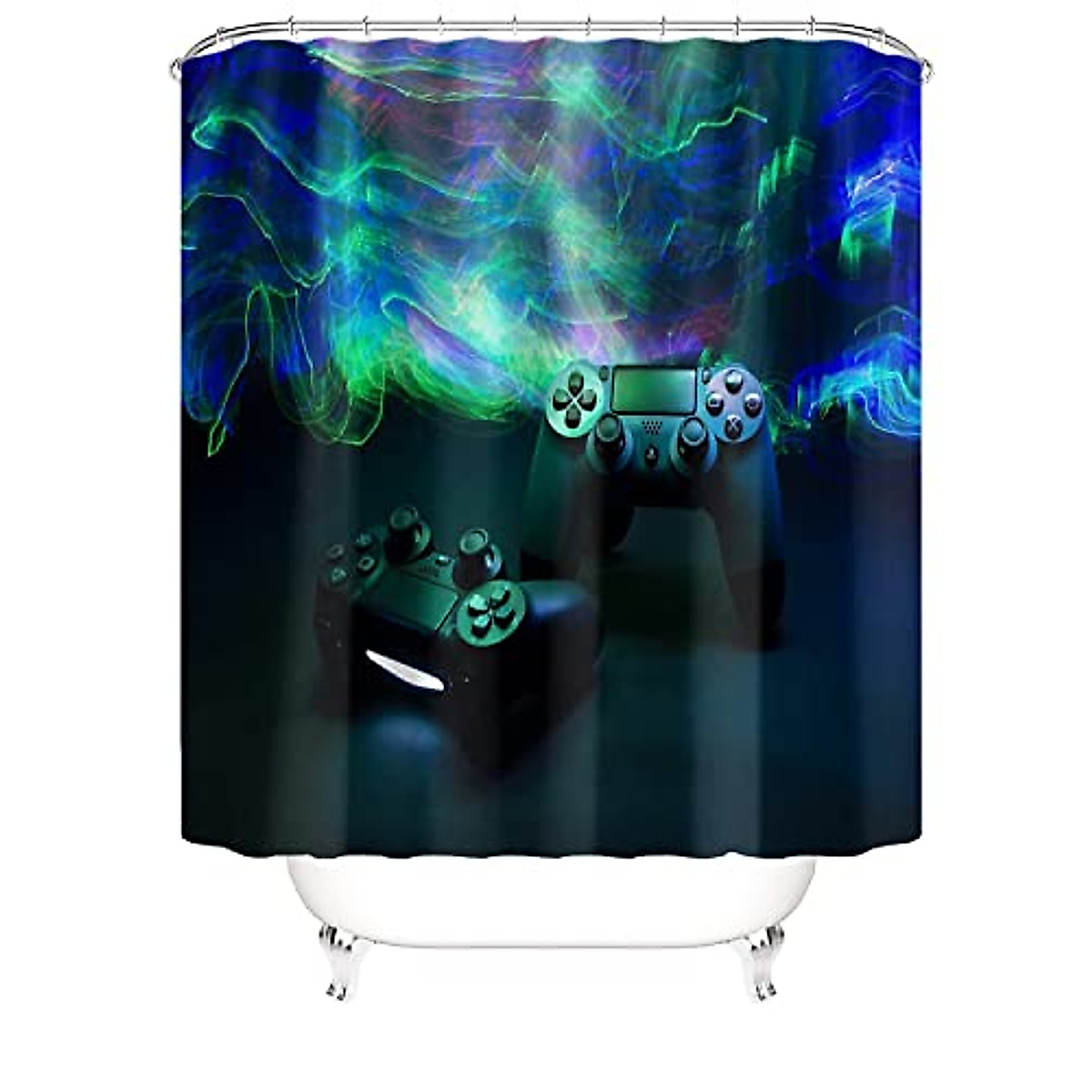 Mycurer Aurora Gaming Shower Curtain Sets with Rugs for Boys,4 Pcs Modern Two Gamepads Controller Bath Curtain Sets,Durable Bathroom Sets with Gamer Shower Curtains for Kids Bathroom