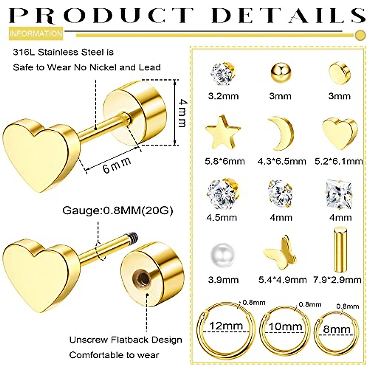 Florideco Small Tiny Stud Earrings for Women Men Hypoallergenic Flat Back Earrings 14K Gold Plated Surgical Stainless Steel Earrings Sets Screw Back Cartilage Earrings