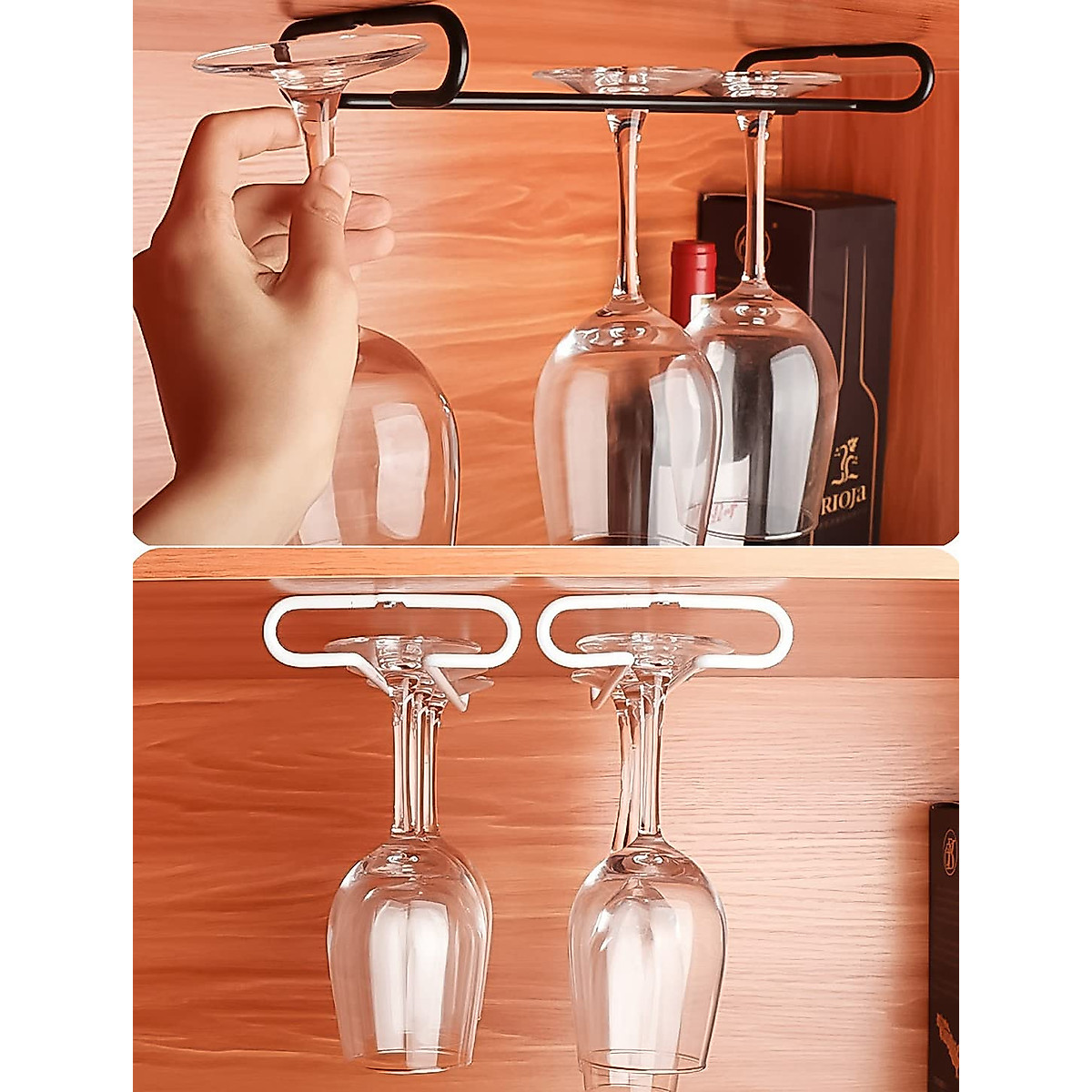 GeLive 10 Inch Set of 2 Under Cabinet Wine Glass Rack Stemware Holder Glass Storage Hanger Organizer for Kitchen and Bar (Black)