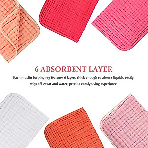 Hicarer 6 Pieces Large 20 x 10 Inch Muslin Burp Cloths Multi-Colors Muslin Washcloths Baby Burping Cloth Diapers 6 Absorbent Layers Muslin Face Towels for Baby (Pink Series)