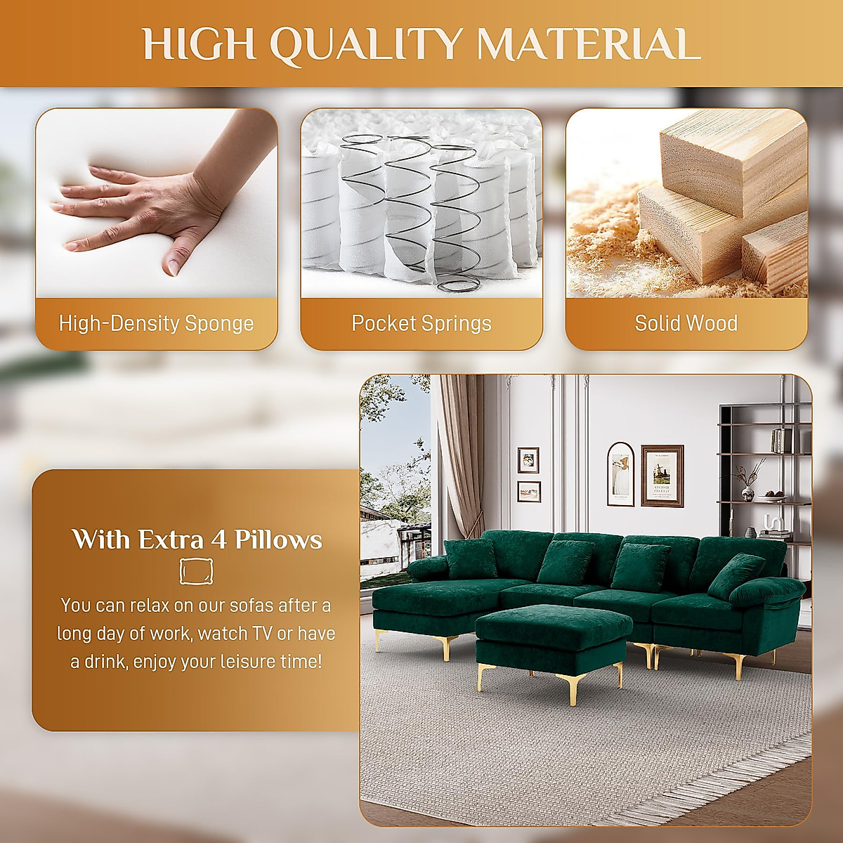 Wrofly U Shaped Sectional Sofa Couch, 114" Convertible L Shaped Sofa with Chaise Lounge & Ottoman, Modern Oversized Modular 4 Seat Sleeper Sofa Set for Living Room Office, Emerald Green Velvet