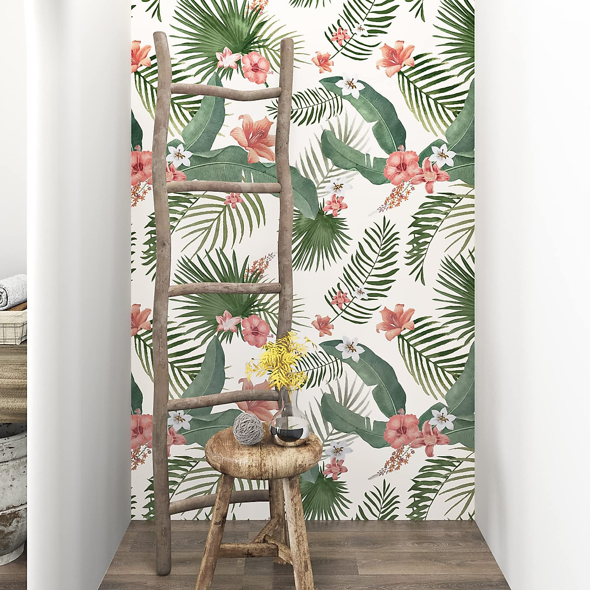 WESTICK Green Floral Wallpaper Self Adehesive Tropical Wall Paper Palm Tree Peel and Stick Botanical Vinyl Wallpaper Banana Leaf Pink Amaryllis Flower Contact Paper for Cabinets 17.5 x 118 inch