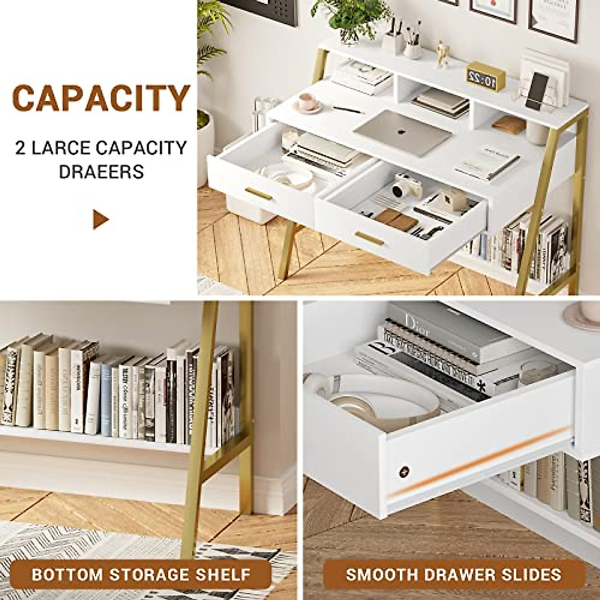 Tiptiper Computer Desk with Drawers, 41 Inches Modern Home Office Desk with Storage Shelf & Monitor Stand, Simple Style Study Writing Table Laptop PC Workstation, Metal Frame, White and Gold