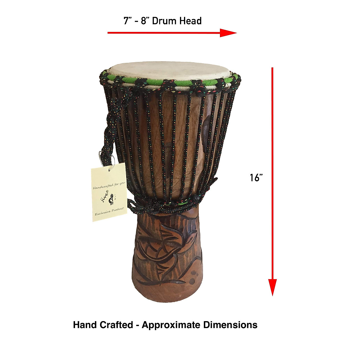 JIVE Djembe Drum African Bongo Congo Wood Drum Deep Carved Solid Mahogany Goat Skin Professional Quality 16" High (Turtle)