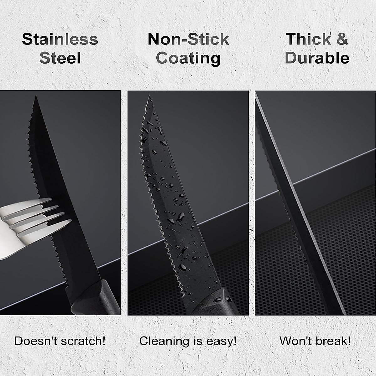 YUNYDSM Steak Knives Set of 8, Stainless Steel Serrated Steak Knife, Sharp Serrated Edges, Comfortable Grip Ergonomic Non-Slip Handle, Dishwasher Safe(8.5in Black)