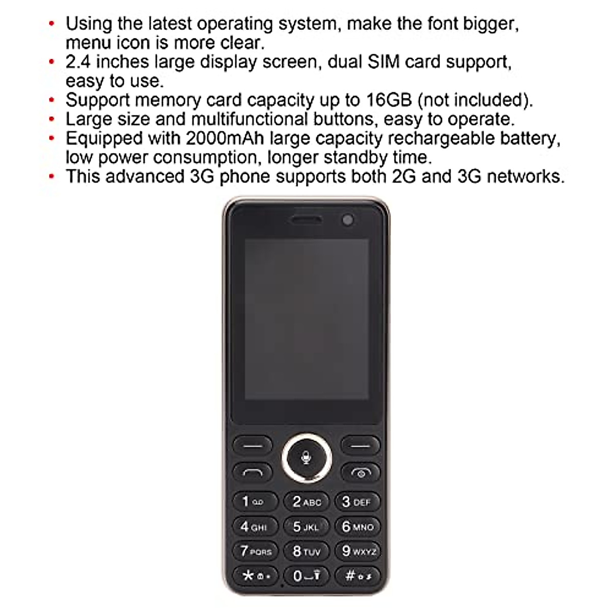 Unlocked Cell Phone for Seniors, 2.4inch 3G Loud Volume Large Button Cellphone, Dual SIM, 2000mah Large Capacity Battery, Support WiFi, Flashlight, Front and Rear Camera