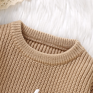 Baby Girl Cable Knit Sweater Long Sleeve Boho Floral Embroidery Oversized Sweatshirt Warm Fall Winter Clothes (Khaki-Babe, 6-9 Months)