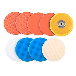 MANUSAGE 9pcs 6-Inch Polishing Pads Kit with 6 Car Foam Buffing Sponge Pads,2 Woolen Pads,5/16" M8 Hook & Loop Backing Plate for Polishing,Sanding,Waxing,Sealing Glaze