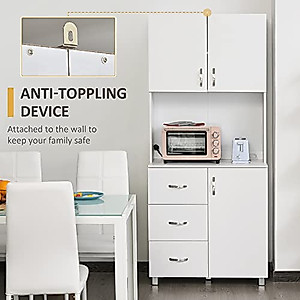 HOMCOM Freestanding Kitchen Pantry, Buffet with Hutch Storage Organizer with 2 Door Cabinets, 3 Drawers and Open Countertop, Adjustable Shelf, White
