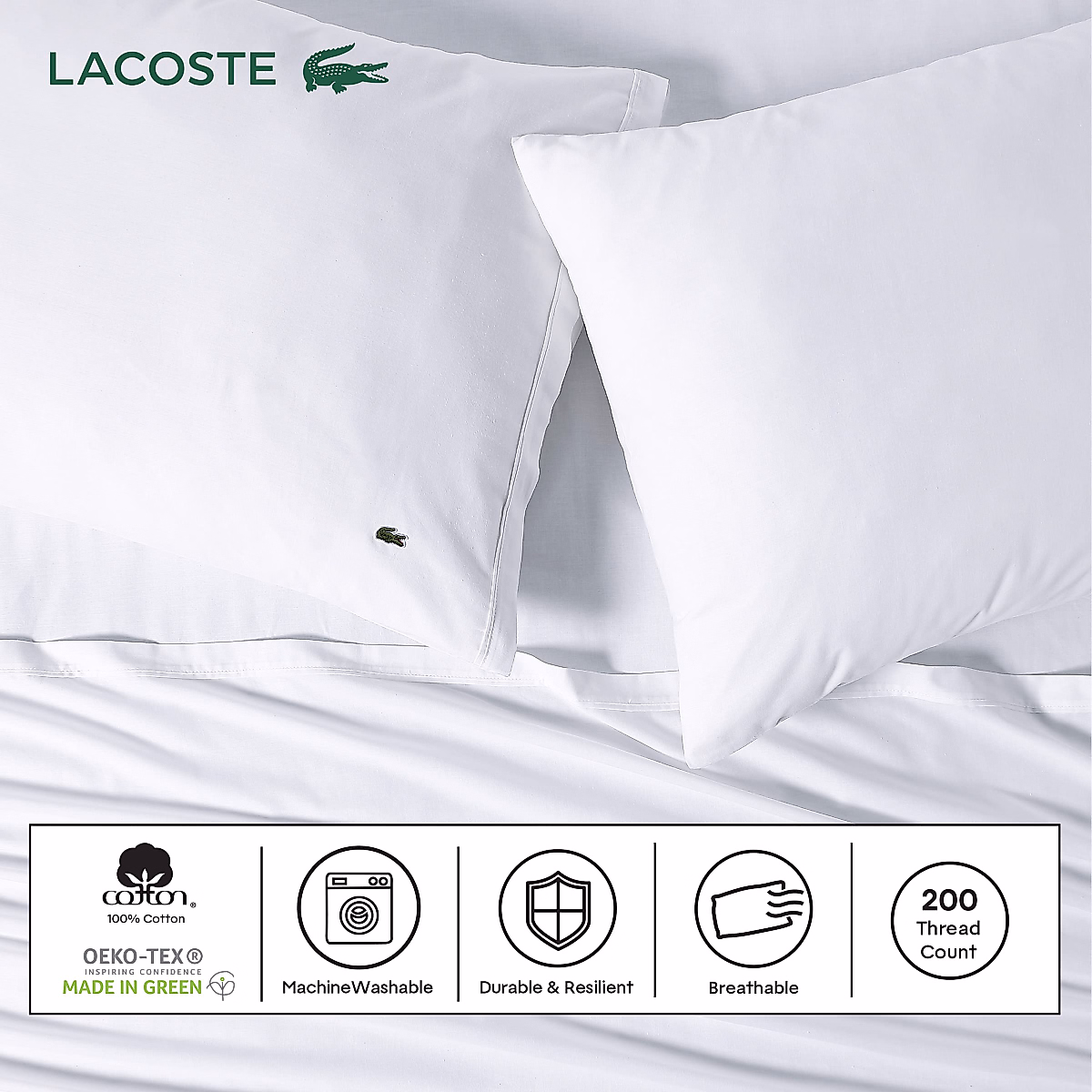 Lacoste 100% Cotton Percale Solid Sheet Set, Breathable, Cooling & Hotel Quality Sheets - Deep Pocket, Easy-Fit, Oeko-Tex Certified, Dark Grey, Twin Extra Long