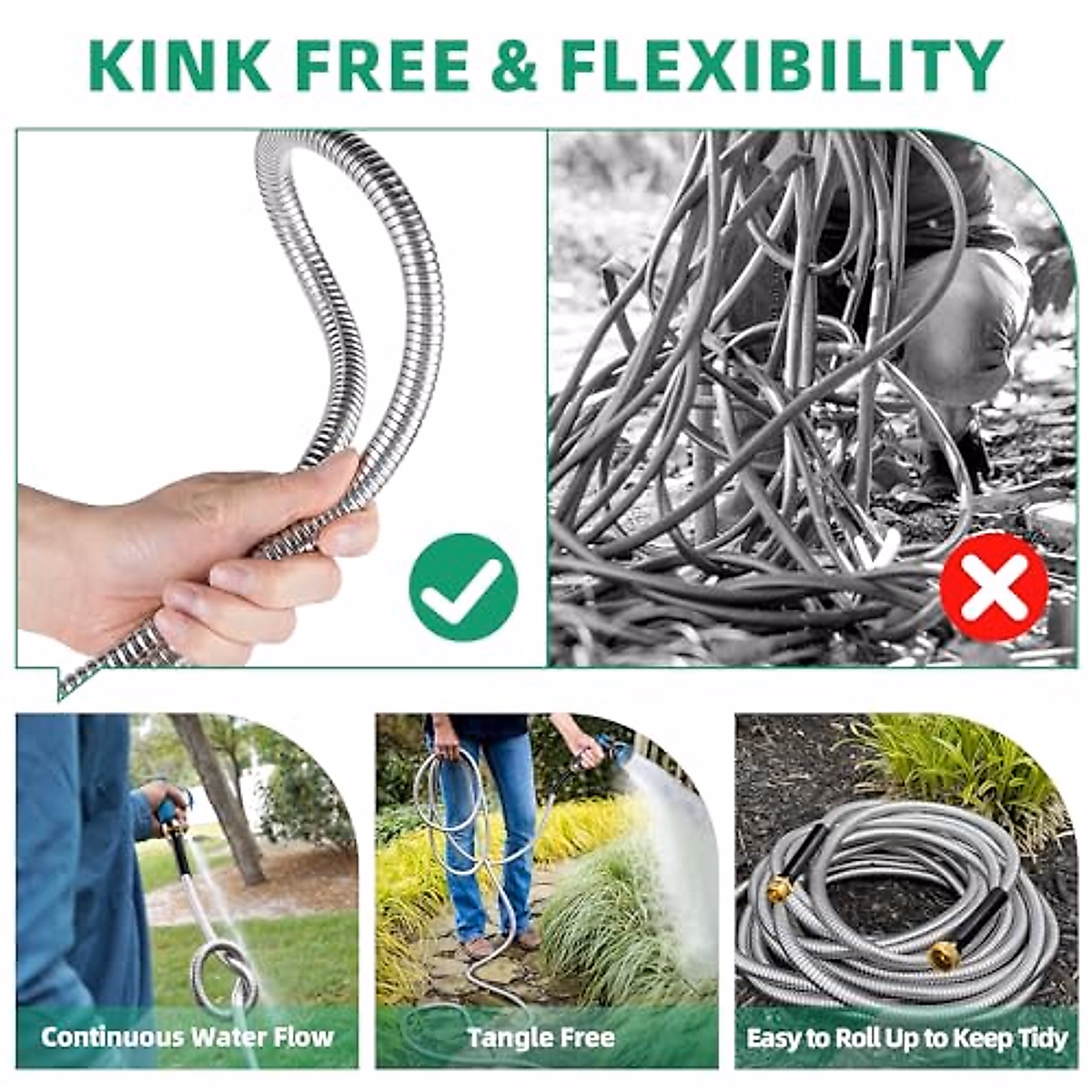 Garden Hose 50 ft - Metal Garden Hose Stainless Steel Water Hose Flexible Garden Hose 50 ft Collapsible and No Kink Water Pipe