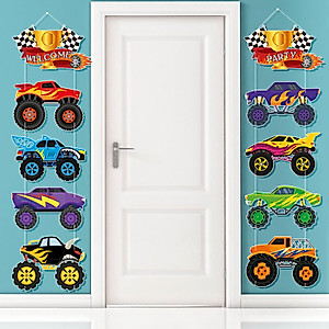 Truck Themed Party Decorations Car Cardboard Cutout Checkered Flag Birthday Party Banner Welcome Porch Sign Door Hanger Car Party Supplies Hanging Banner Welcome Sign Ornament