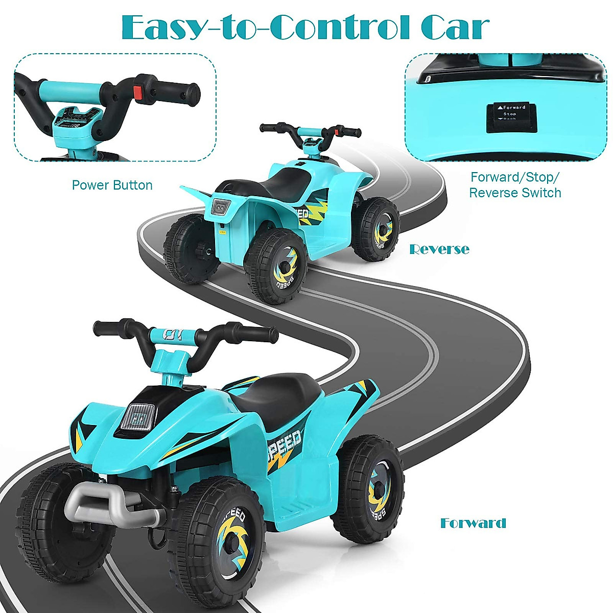 OLAKIDS Kids Ride On ATV, 6V Motorized Quad Toy Car for Toddlers, 4 Wheeler Battery Powered Electric Vehicle for Boys Girls with Forward/Reverse Switch, Anti-Slip Wheels (Aqua)