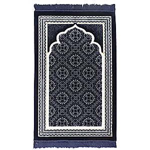 Modefa Turkish Islamic Prayer Rug - Soft Velvet Janamaz Praying Carpet - Comfortable Muslim Praying Mat for Men & Women - Ramadan or Eid Gift - with Kufi Prayer Cap - Elegant Swirl (Dark Blue)