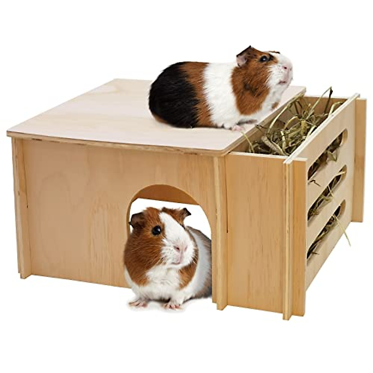 Fhiny Guinea Pig Wood House with Hay Feeder, Detachable Chinchilla Hut Hideout Small Animal Hideout Hideaway Natural Hamster Habitat Decor for Guinea Pig Chinchilla Dwarf Rabbit Hamster