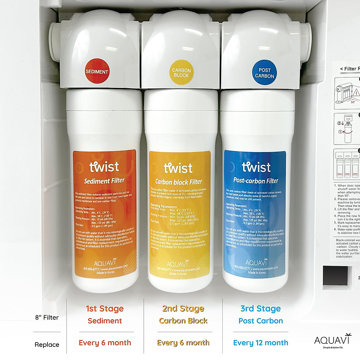 8 inch AQUAVI Twist RO Activated Carbon Post-Filter, Water Filter for Reverse Osmosis RO System Quick Connect Replacement