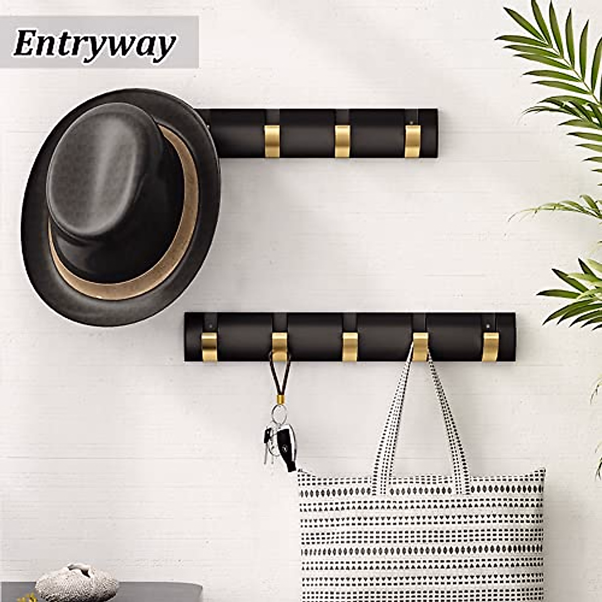 DMYMAT Coat Rack Wall Mounted with 5 Folding Hooks, 15.8 Inch Space Saving Wall Coat Hook, Black Gold Towel Hooks for Bathroom, Bedroom, Entryway, Hats, Scarves, Umbrella and Keys