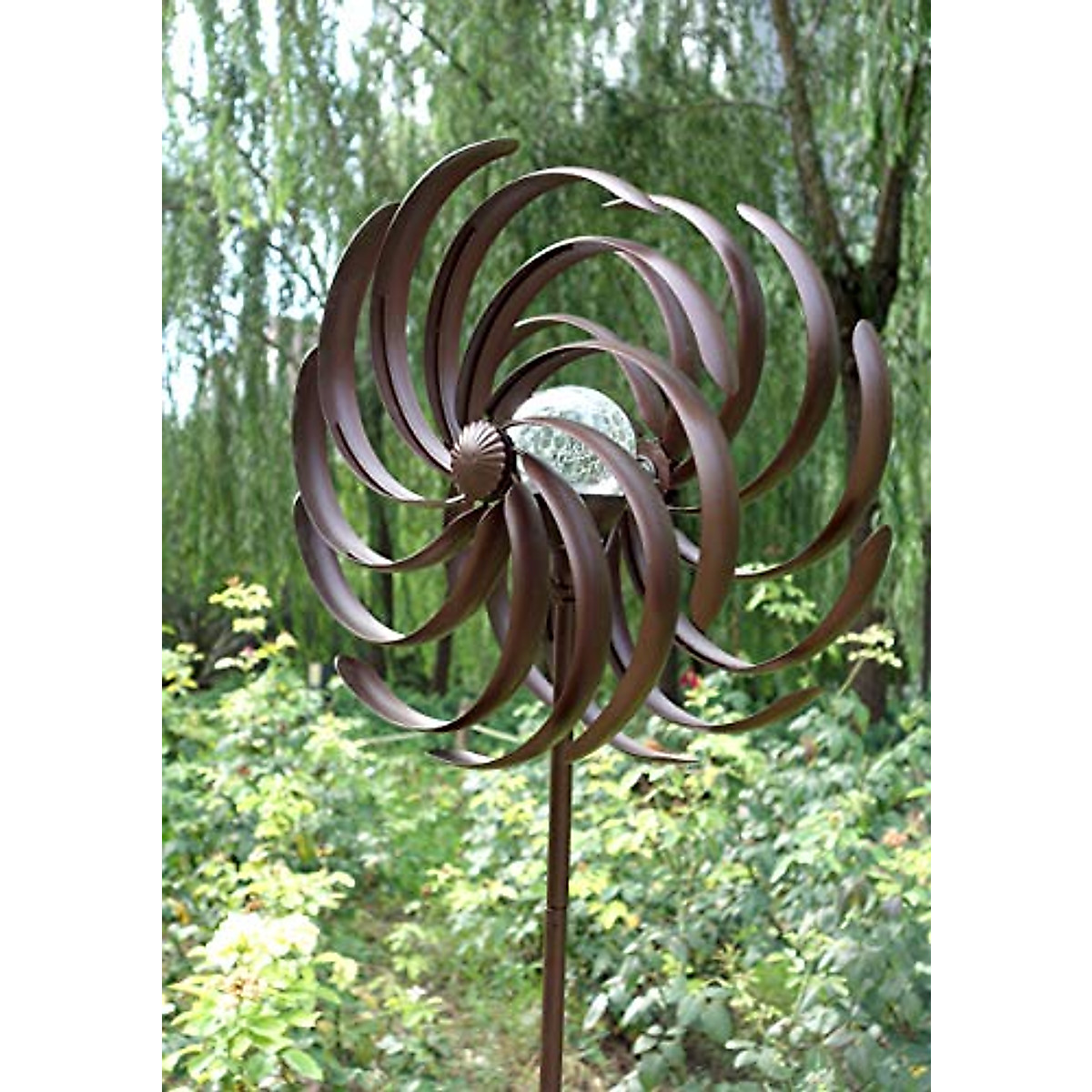 Solar Wind Spinner Willow Leaves-Improved 360 Degrees Swivel Multi-Color LED Lighting Solar Powered Glass Ball with Kinetic Wind Spinner-Metal Sculpture Construction-Outdoor Yard Lawn & Garden