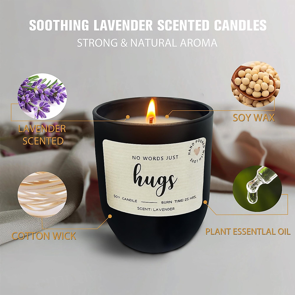 Sympathy Gifts for Loss of Loved One - No Words Just Hugs Candles,Lavender Scented Candle 12OZ, Get Well Soon, Thinking of You Gift, Bereavement Gift for Women Men, Miscarriage Gift for Mother