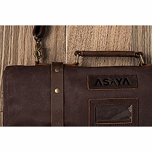 Asaya Waxed Canvas Knife Roll - 15 Knife Slots, Card Holder and Large Zippered Pocket - Genuine Leather, Cloth and Brass Buckles - for Chefs and Culinary Students - Knives Not Included