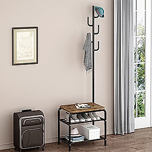 LINZINAR Coat Rack Shoe Bench 3 in 1 Design Hall Tree Storage Bench Industrial Style Coat Tree for Bedroom Living Room Entryway, Black