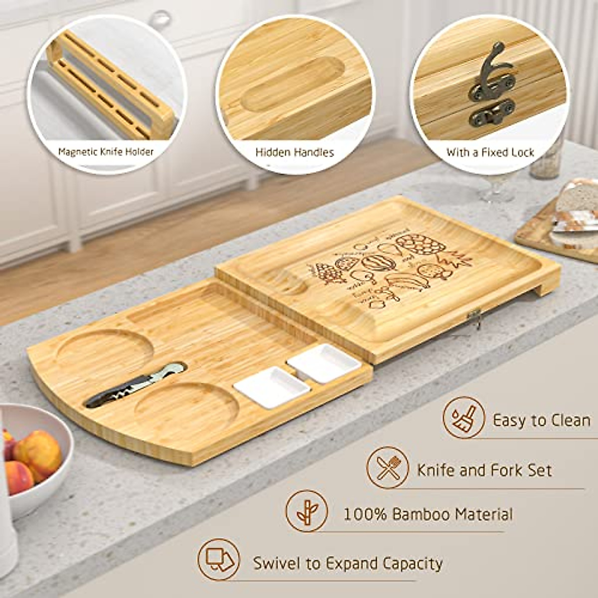 Cheese Board Charcuterie Board Set - Swiveling Wine Meat Cheese Platter Bamboo Cheese Server with Knives, Forks, Wine Opener, Ceramic Bowls for Gathering Party - Warming Gift for Women Friend