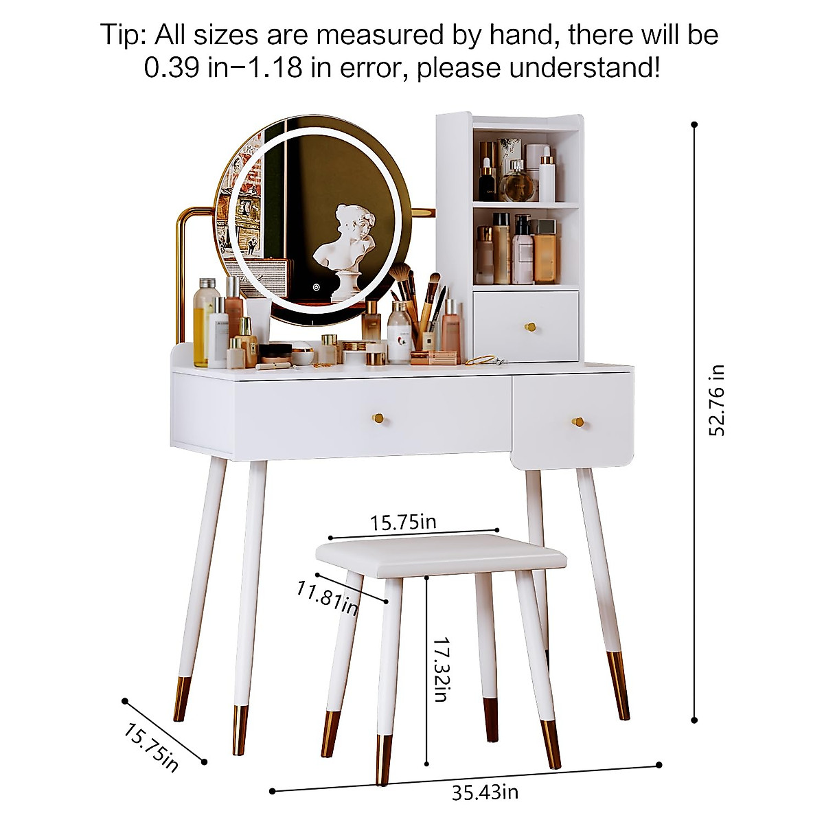 Milky White,Make Vanity Set with Touch Screen Dimming Mirror, 3 Color Lighting Modes, Dressing Table with 3 Sliding Drawers, Modern Bedroom Makeup Table and Cushioned Stool Set for Women Girls