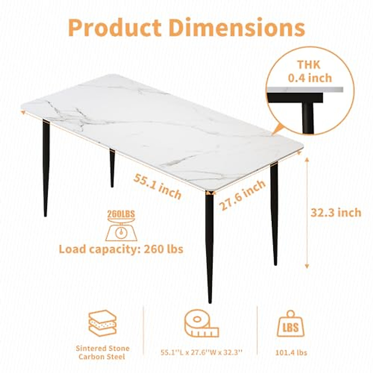 Marble Dining Table, Rectangular 55" Marble Kitchen Table for 4, Sintered Stone Dining Table for Dining Room, Kitchen, Marble Top Dining Table Scratch-Resistant, Heat-Resistant, Easy to Clean (White)