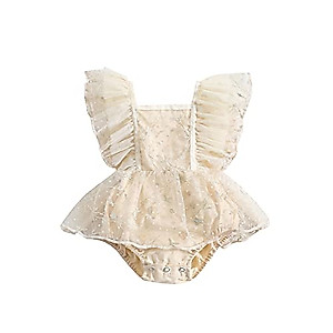 Kupretty Newborn Baby Girl Boho Romper Dress Embroidery Flower Lace Tutu Photography Outfits Princess Clothes (Beige, 3-6 Months)