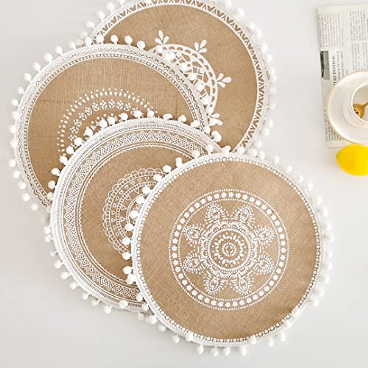 2 Pcs Boho Round Place Mats with Pompom Woven Jute Placemats Rustic Macrame Coasters for Dining Room Kitchen Table Decor Style 6