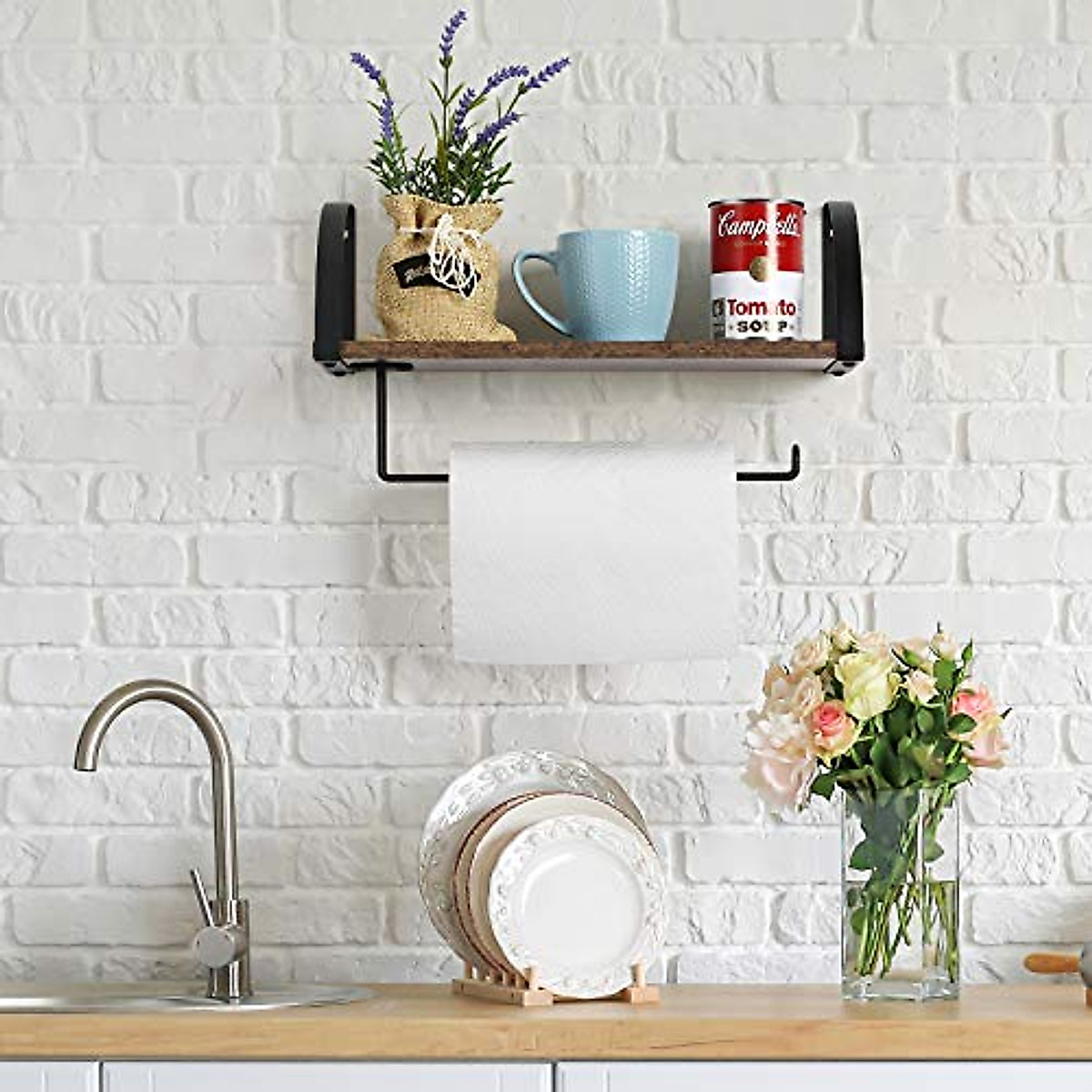 Paper Towel Holder with Floating Shelf Wall Mounted Paper Rack with Wood Shelf Roll Holder Toilet Paper Storage Stand for Bathroom Washroom Kitchen