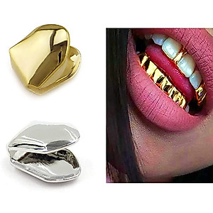 2 Pieces 14K Plated Gold Grillz Mouth Teeth, Hip Hop Teeth Plain, Top Tooth Single Grill Cap for Teeth Mouth Party Accessories Teeth Grills