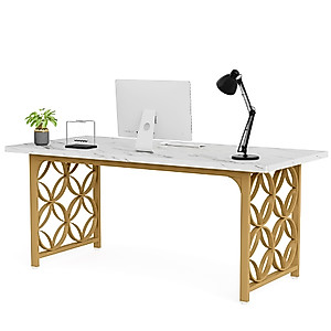 Tribesigns 63-inch Executive Desk, Modern Office Desk with Strong Metal Frame, Large Computer Writing Desk Business Furniture for Home Office (White Marble and Gold)