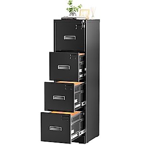 INTERGREAT 4 Drawer Vertical File Cabinet, Black Metal Filing Cabinet with Lock, Tall Lockable Cabinets with 4 Adjustable Hanging Frame for Home Office, Letter/Legal/F4/A4 Size