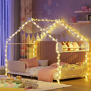 Timy House Bed Twin Size Montessori House Bed Metal Floor Bed with Storage Rack and Caddy Twin Bed Frame for Kids No Box Spring Needed White