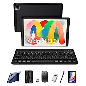 Tablet 10 Inch Android 11 2 in 1 Tablet with Keyboard 4GB RAM 64GB ROM 128GB Expansion Memory, 13MP Camera, 5G WiFi, Bluetooth, Mouse, Stylus, Google Certified, 1280 * 800 HD Display (Silver)