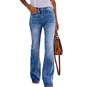 LONGBIDA Skinny Bell Bottom Jeans for Women High Waisted Pull On Stretch Denim Flare Jeans(Light Blue,L)