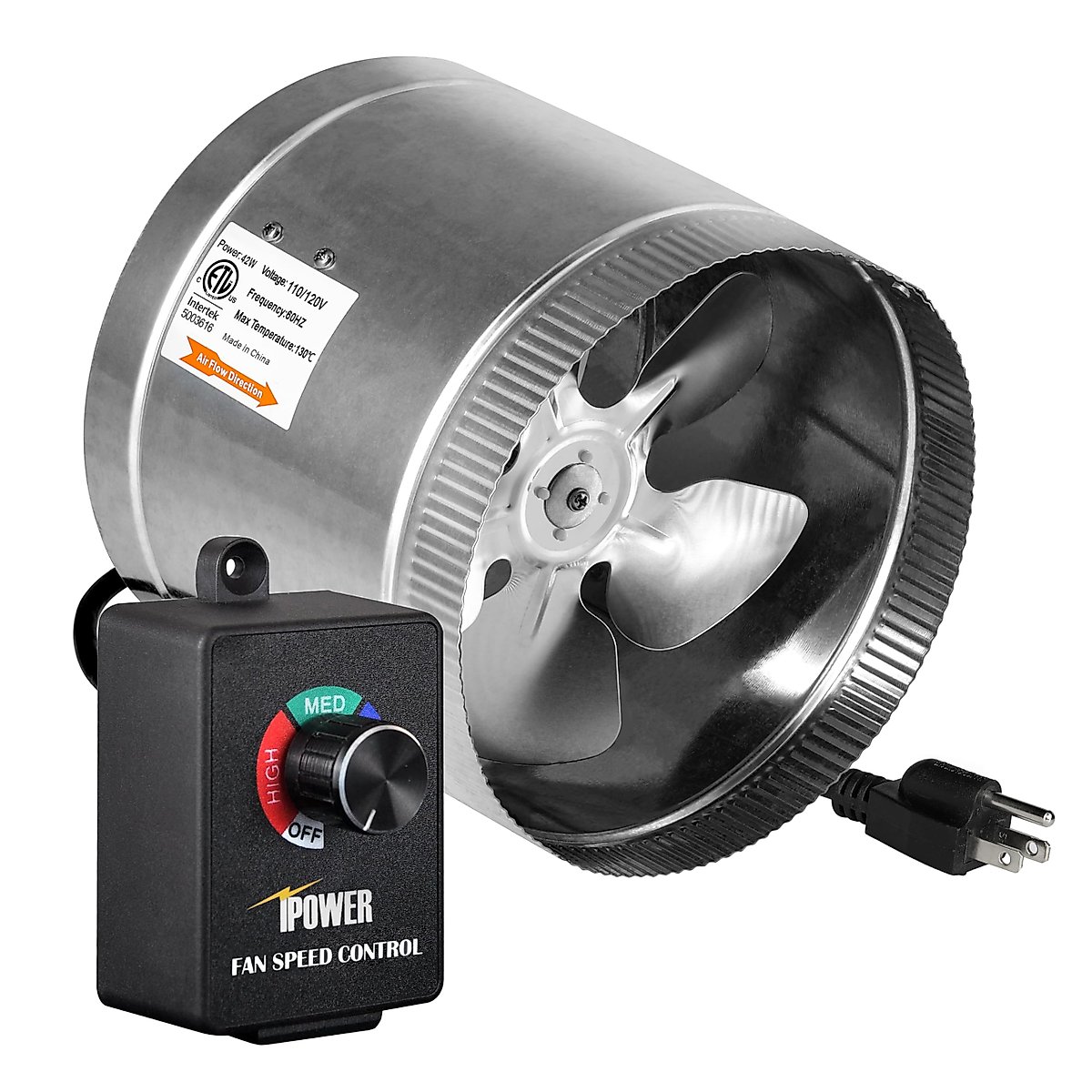 iPower GLFANXBOOSTER8CTRLV1 8 Inch 420 CFM Booster Fan Inline Duct Vent Blower with Variable Speed Controller Adjuster,Low Noise,Silver