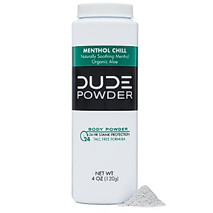 DUDE Body Powder - Menthol Chill 4 Ounce Bottle Natural Deodorizers Cooling Menthol & Aloe, Talc Free Formula, Corn-Starch Based Daily Post-Shower Deodorizing Powder for Men, Cooling Menthol