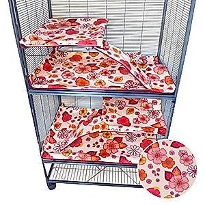 Handmade Fleece Cage Liners for Midwest Double Critter/Ferret Nation, Full set 7-pieces, Rats, Ferrets, Chinchillas, other small animals (Fall Floral on Pink, Maroon)