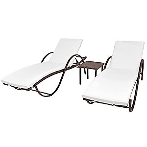 QZZCED Chaise Lounge Chair Sets Outdoor Beach Pool PE Rattan Reclining Chair with Cushion,Sun Loungers 2 pcs with Table Poly Rattan Brown(Fast delivery)
