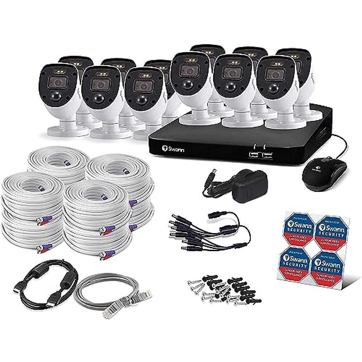 Swann Home DVR Security Cam System with 2TB HDD, 16 Channel 12 Camera, 1080p Video, Indoor or Outdoor Wired Surveillance CCTV, Color Night Vision, Heat Motion Detection, LED Lights, 16468012