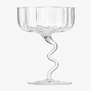 Colorful Wiggly Spiral Cocktail Coupe Glass | Fun Swirly Squiggly Stem Dessert Bowl Glass | Clear Colored Pastel Flower Shaped Glasses Handblown Unique Retro Goblet, Cocktails & Wine Glassware