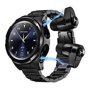 Rainbuvvy Smart Watch with Wireless Earbuds, 1.3 Inch Bluetooth 5.0 Waterproof & 2-in-1 TWS Bluetooth 5.1 Earphones, 320mAh Long Standby, Fitness Activity Tracker for Android iOS Phone (Steel-Black)