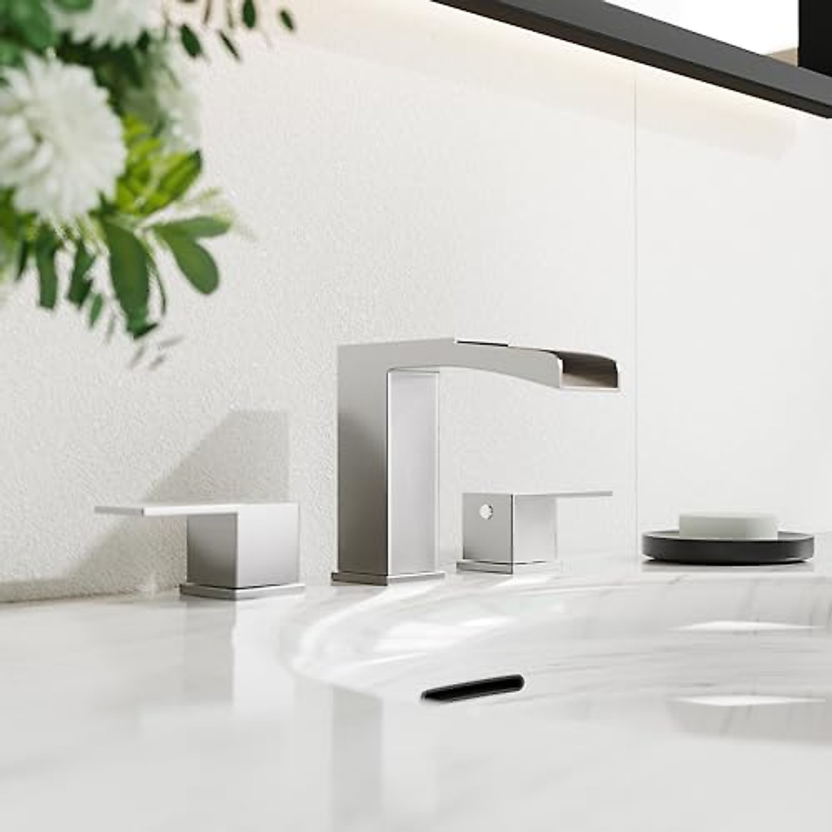 Pheistina 8-Inch Widespread Brushed Nickel 3 Holes 2 Handles Waterfall Bathroom Sink Faucet, with Metal Pop Up Drain Assembly & Cupc Water Supply Lines, NS-WF002-1-BN